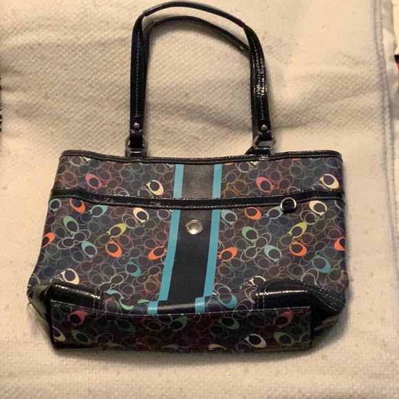 Coach | Bags | Coach Navy Signature Tote With Leather Trim | Poshmark